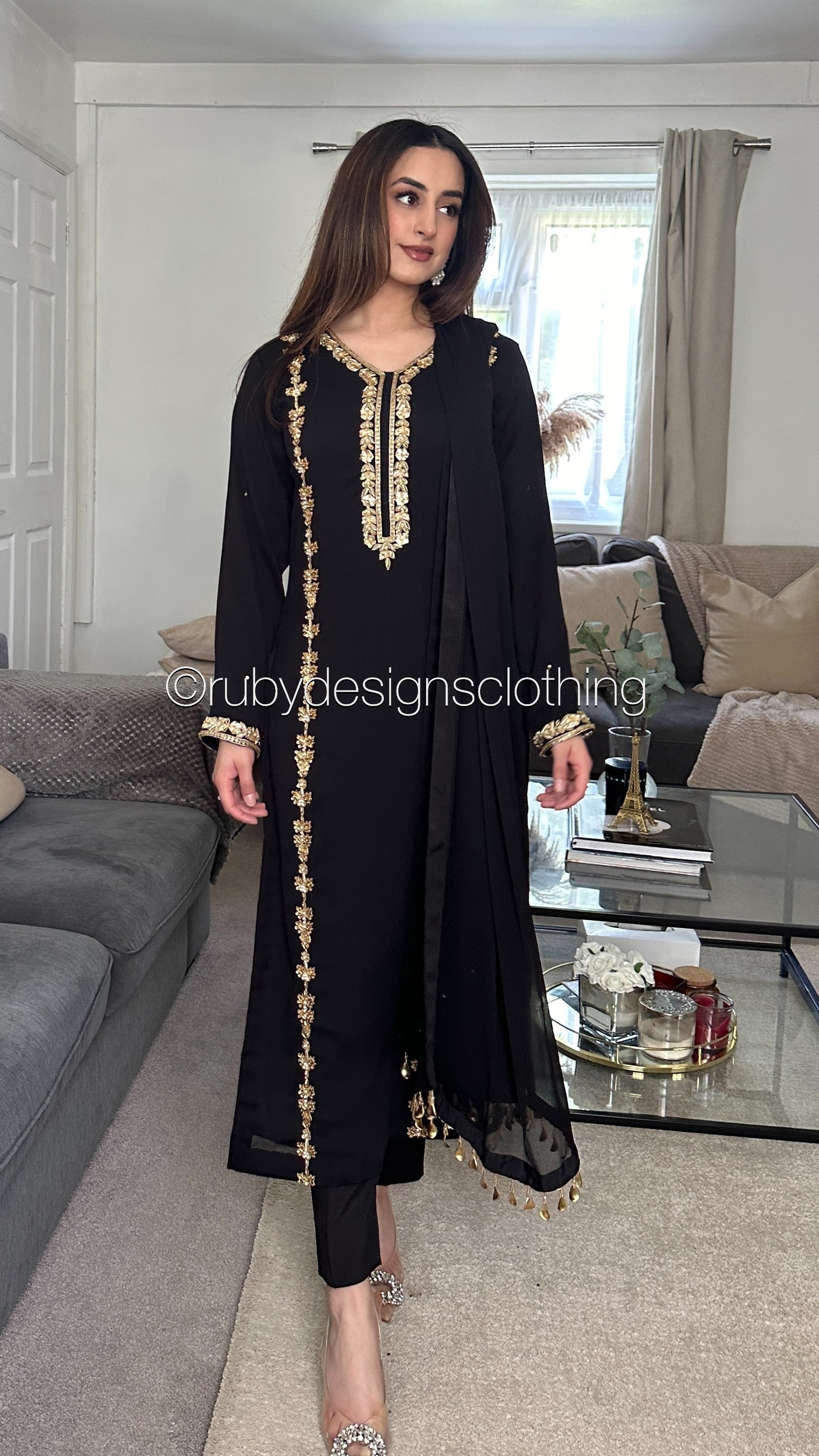 SADAF Black - 3 Piece Black Chiffon Suit with Gota Work – Ruby Designs ...