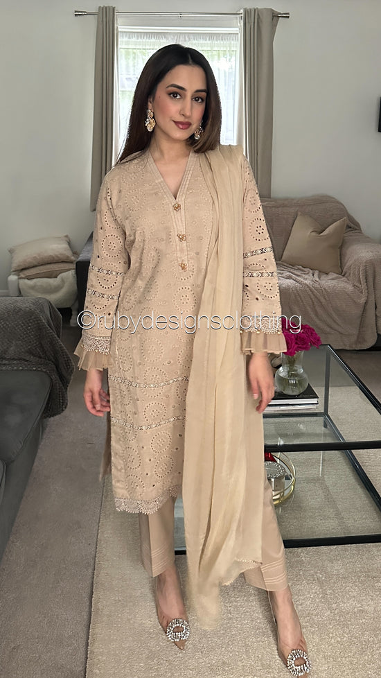 NIDA - 3 Piece Beige/Nude Chikankari Suit with Chiffon Dupatta – Ruby ...