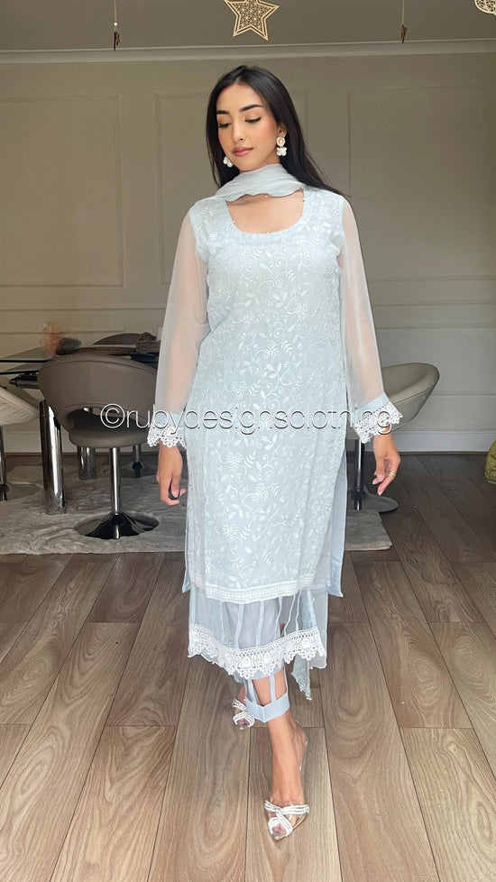 MEHER Blue - 3 Piece Embroidered Chiffon Suit with Cut Out Details ...