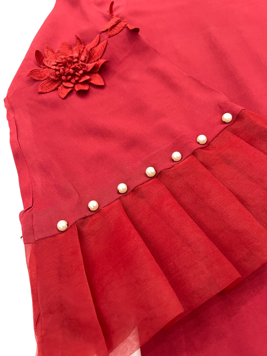 SABRINA - 3 Piece Deep Red Linen Suit with Pearl Details and 3D Flower ...