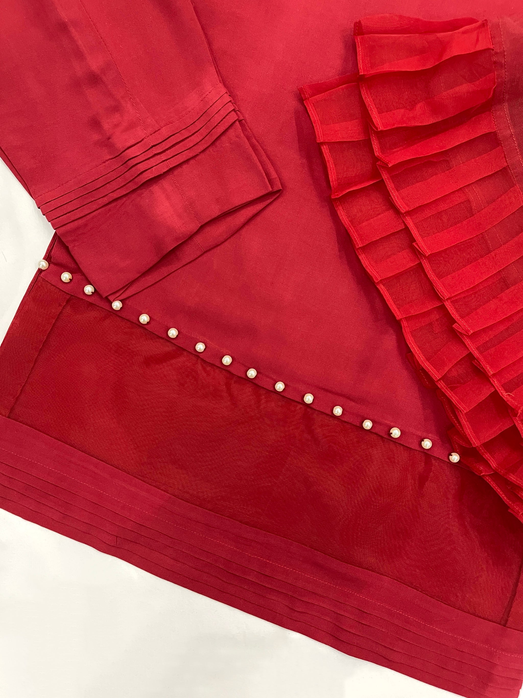 SABRINA - 3 Piece Deep Red Linen Suit with Pearl Details and 3D Flower ...