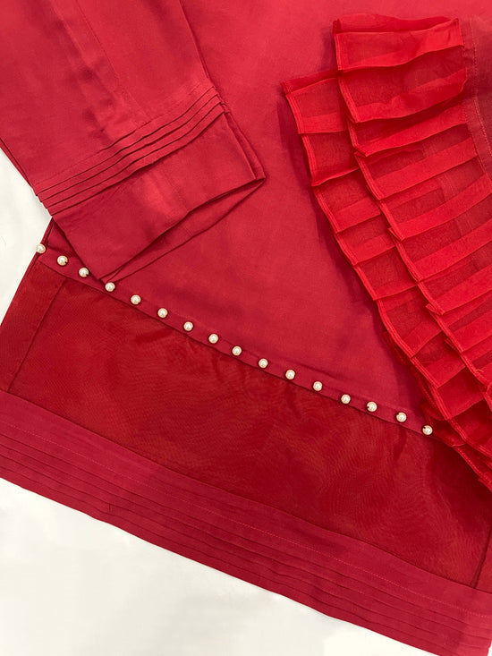 SABRINA - 3 Piece Deep Red Linen Suit with Pearl Details and 3D Flower ...