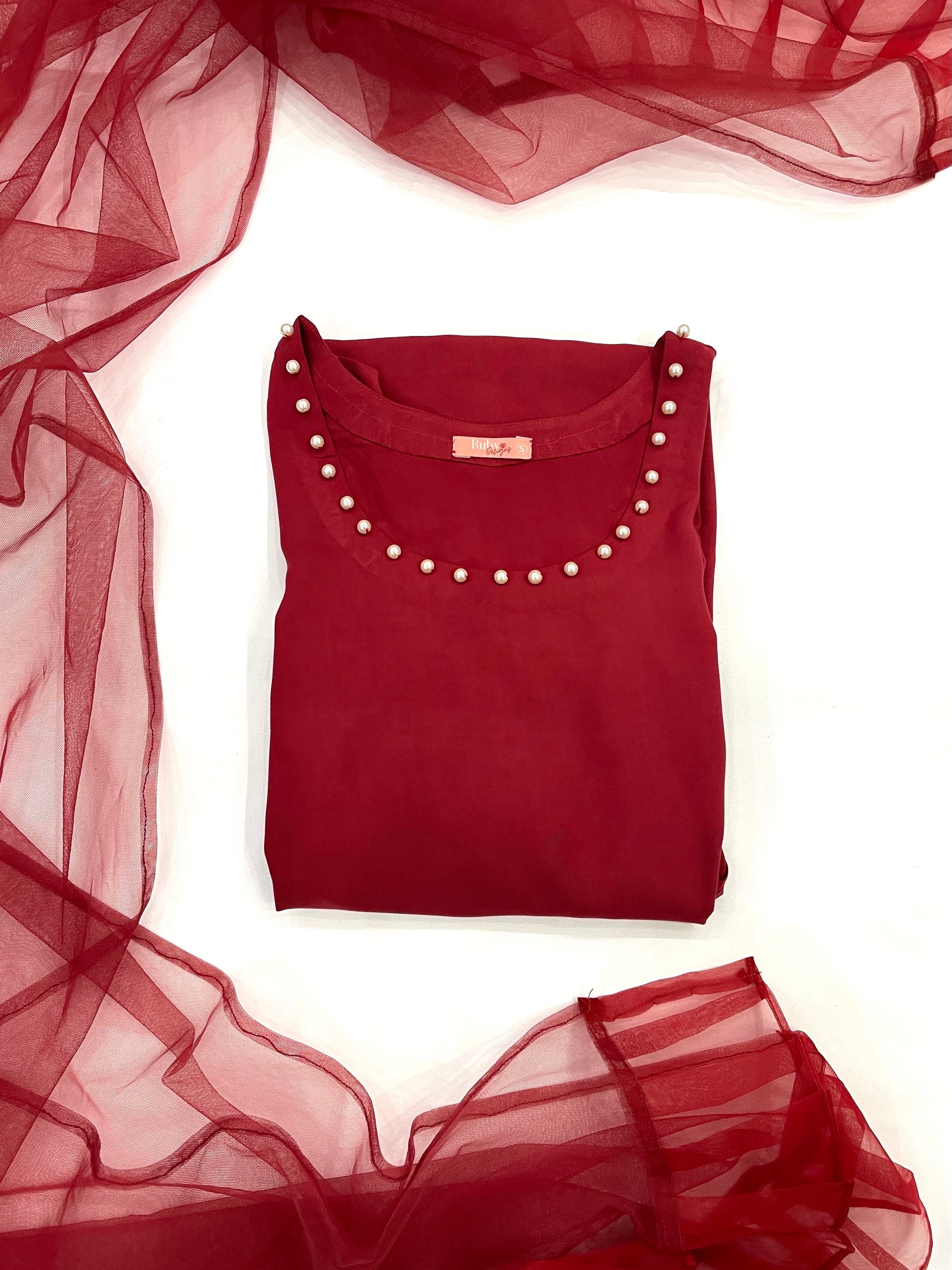 SABRINA - 3 Piece Deep Red Linen Suit with Pearl Details and 3D Flower ...